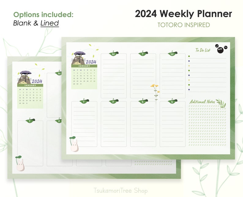 NEW YEAR 2024 Weekly Planner, Totoro, Blank and Lined, Monday/sunday ...