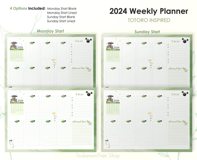 NEW YEAR 2024 Weekly Planner, Totoro, Blank and Lined, Monday/sunday ...