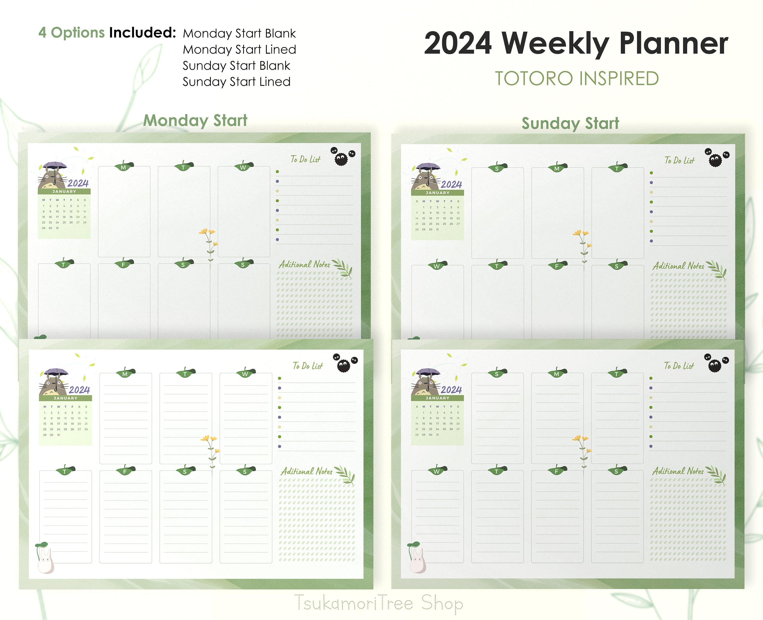 NEW YEAR 2024 Weekly Planner, Totoro, Blank and Lined, Monday/sunday ...