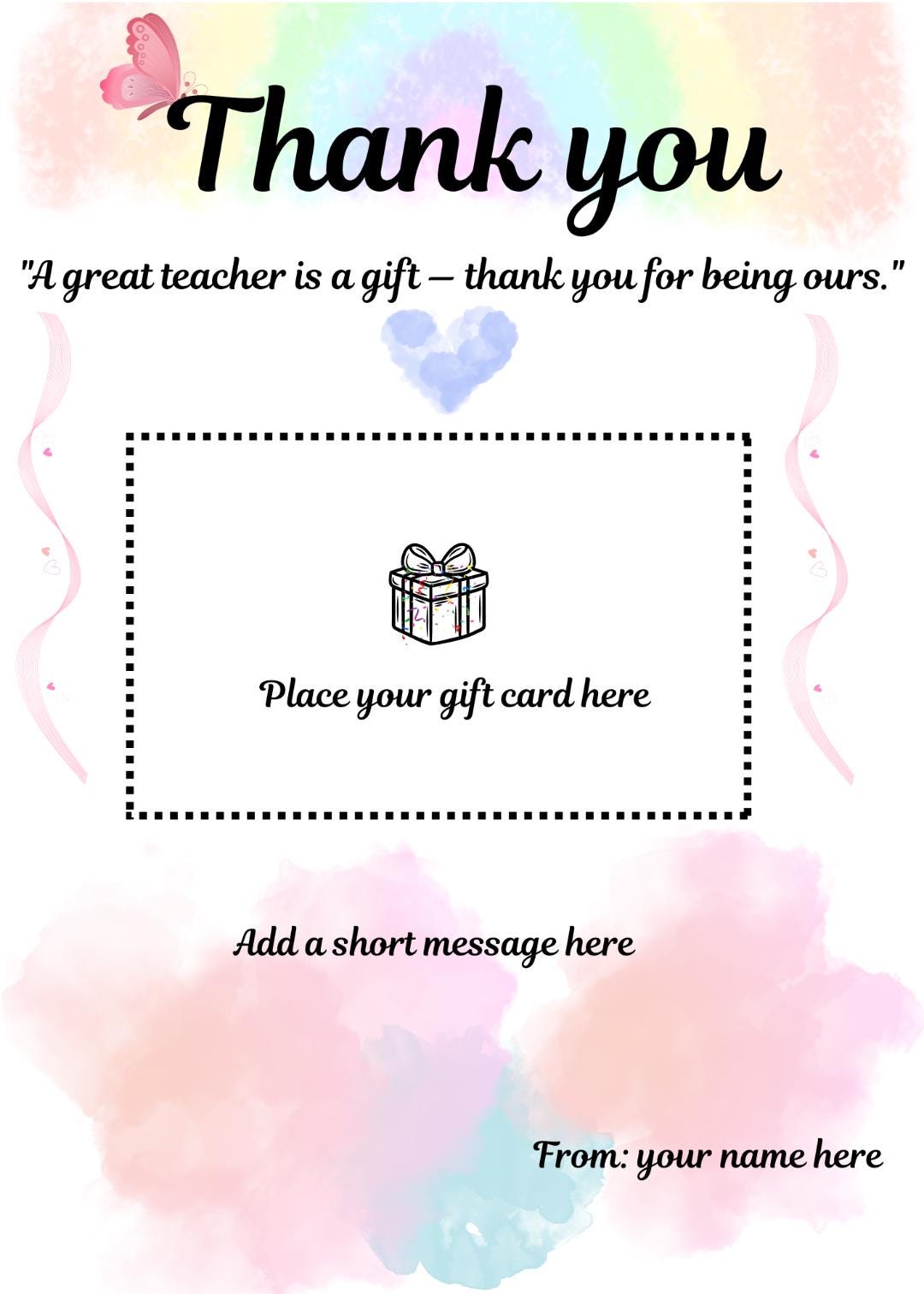 Printable Teacher Thank You Card With Gift Card Holder, 5*7 Digital ...