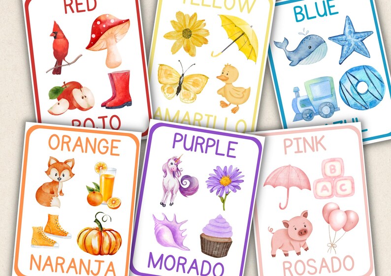 Watercolor Color Flashcards Bilingual Colorful Flashcards Preschool and ...