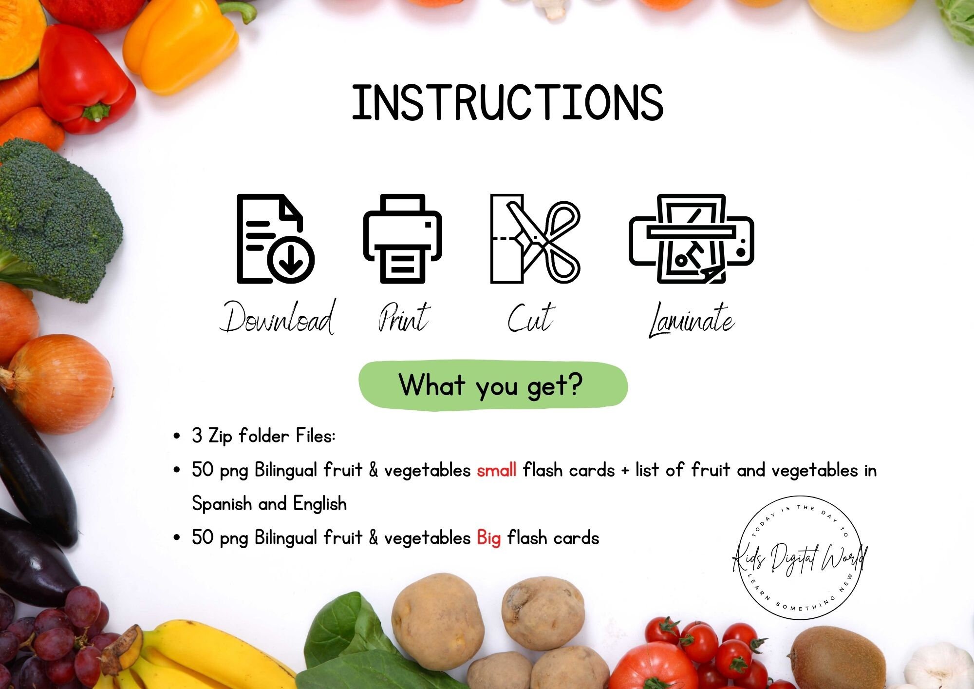 50 Colorful Bilingual Fruits and Vegetables Card . Montessori ...