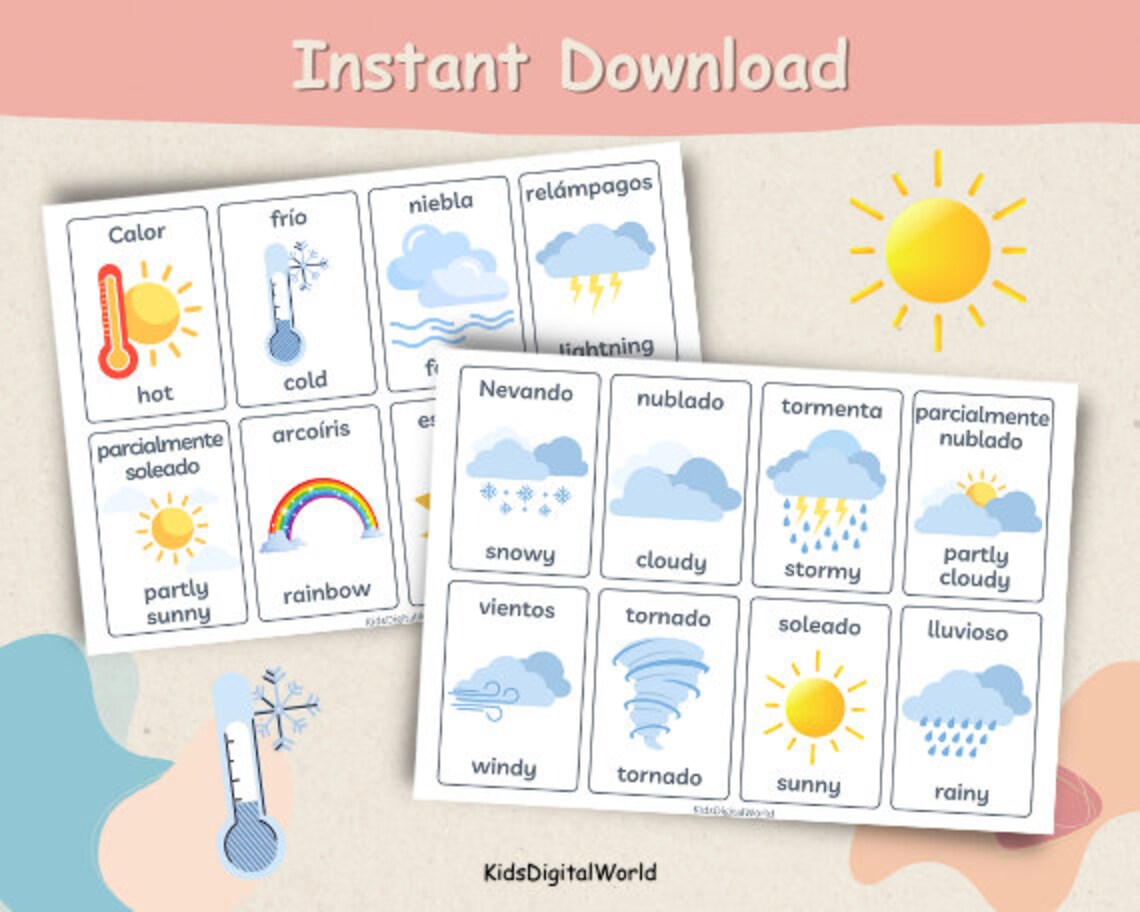 Bilingual Weather Flashcards 16 Colorful Weather Cards Educational ...