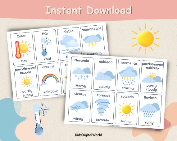 Bilingual Weather Flashcards 16 Colorful Weather Cards Educational ...