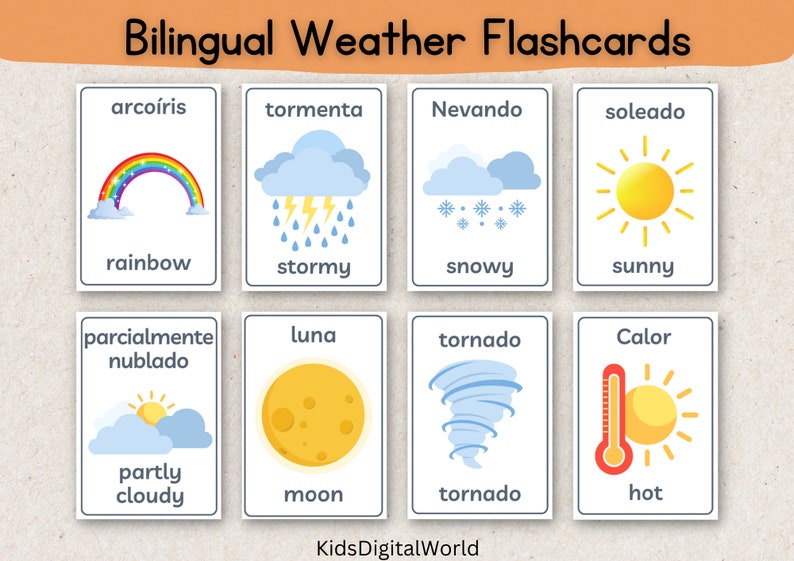 Bilingual Weather Flashcards 16 Colorful Weather Cards - Etsy