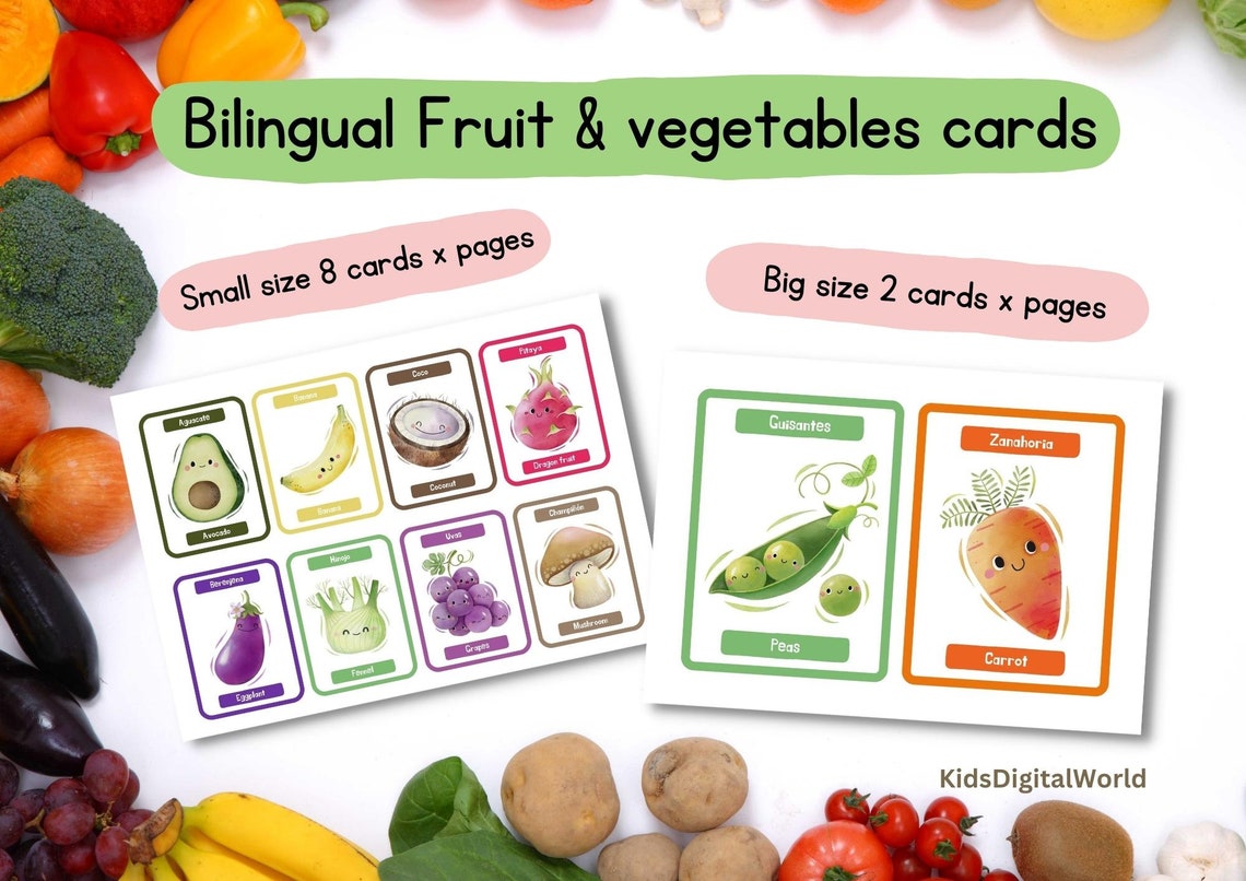50 Colorful Bilingual Fruits and Vegetables Card . Montessori ...