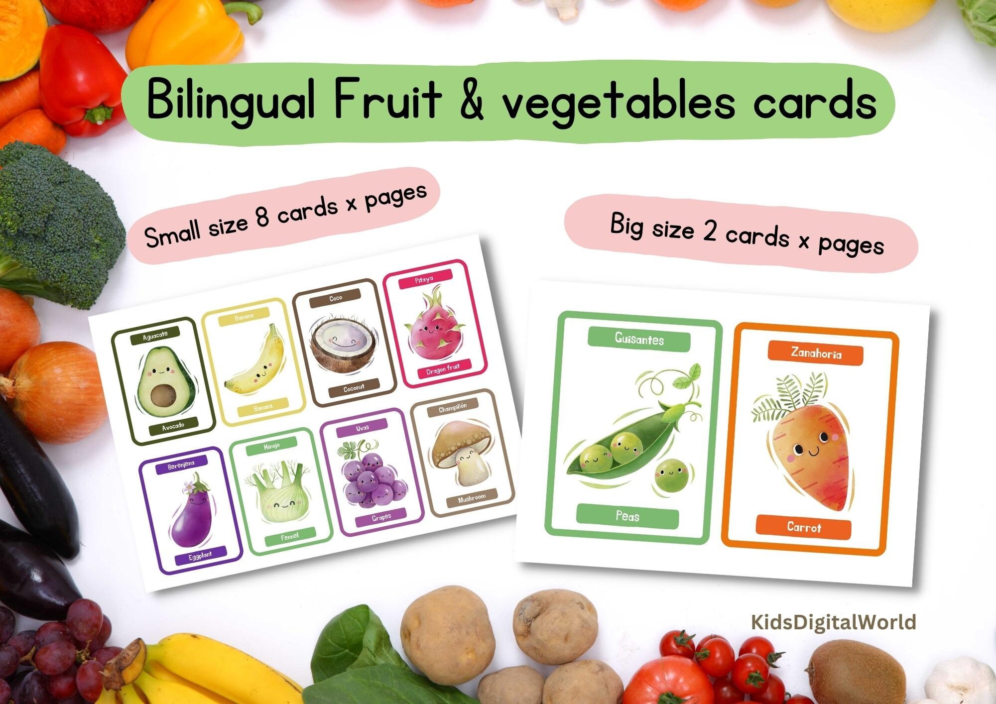 50 Colorful Bilingual Fruits and Vegetables Card . Montessori ...