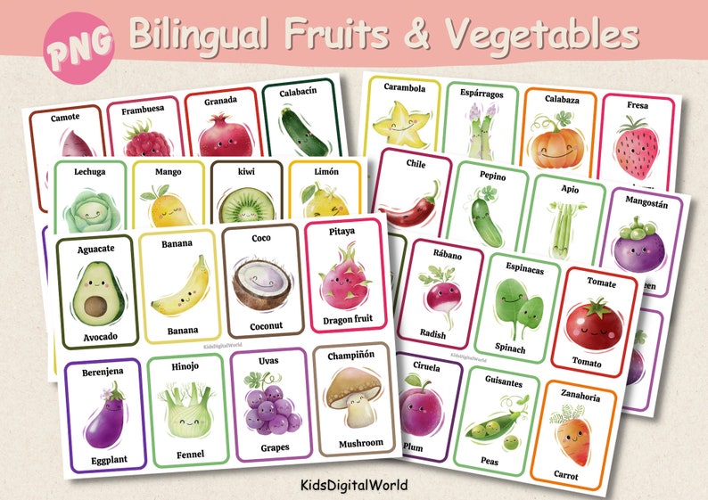 50 Colorful Bilingual Fruits and Vegetables Card | Montessori ...