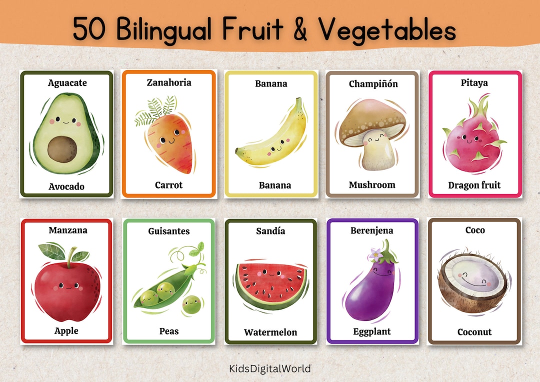 50 Colorful Bilingual Fruits and Vegetables Card Montessori - Etsy