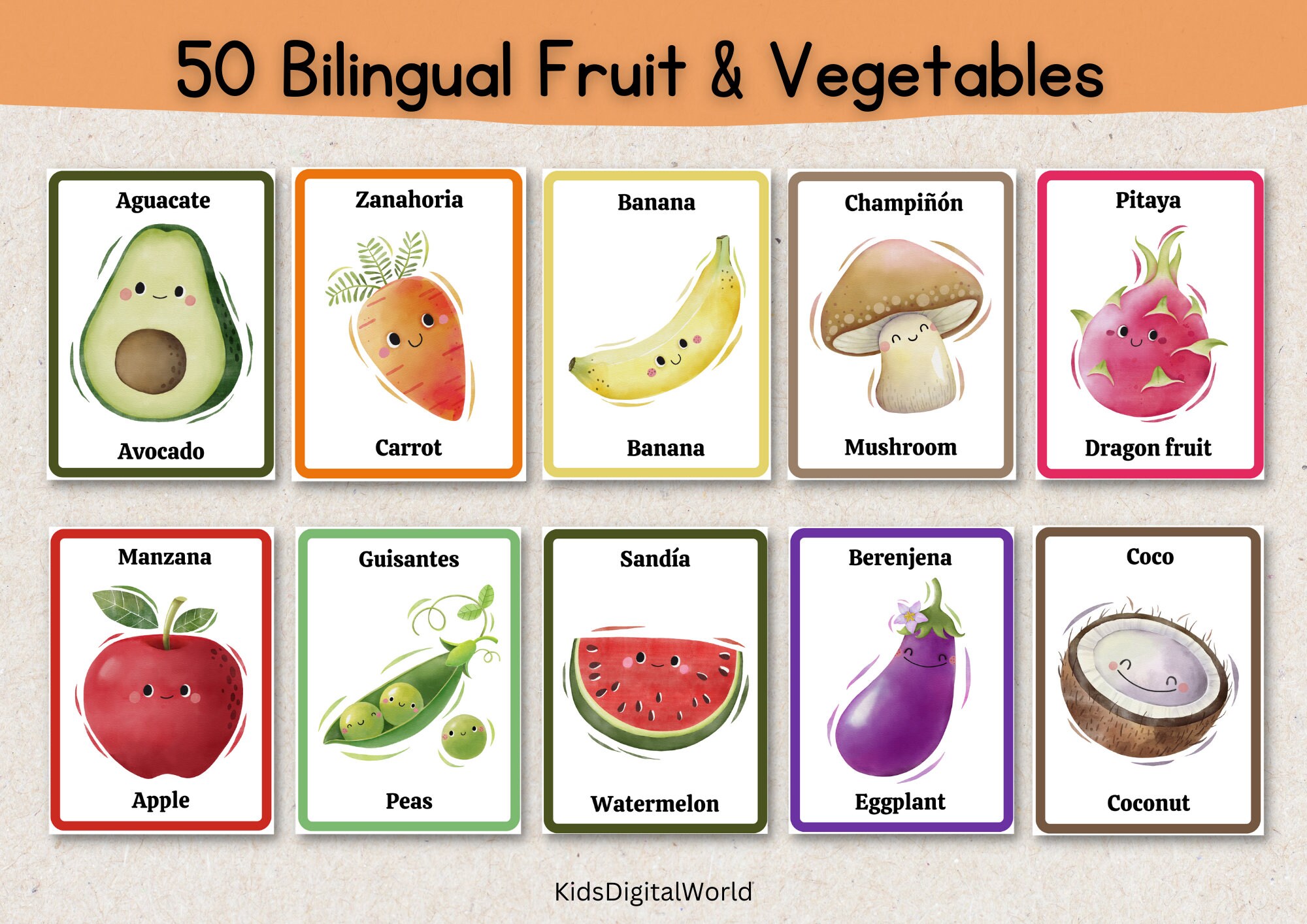 50 Colorful Bilingual Fruits and Vegetables Card Montessori - Etsy