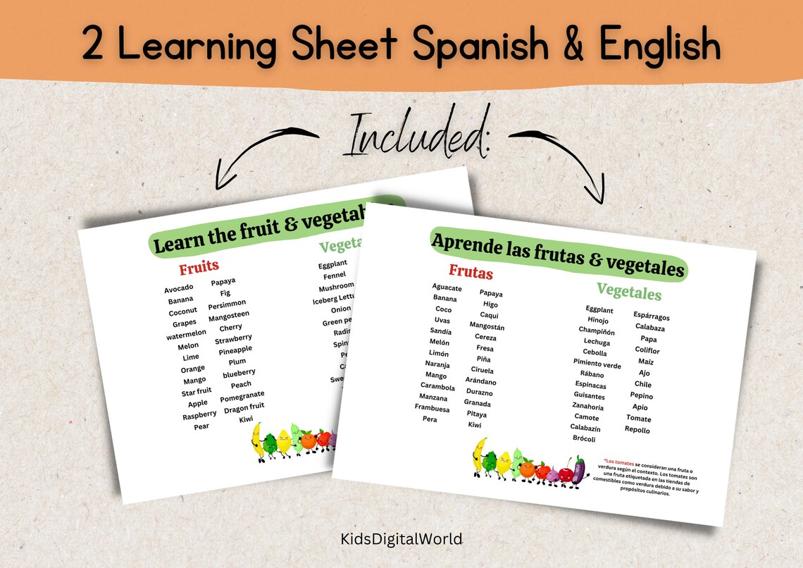 50 Colorful Bilingual Fruits and Vegetables Card Montessori - Etsy