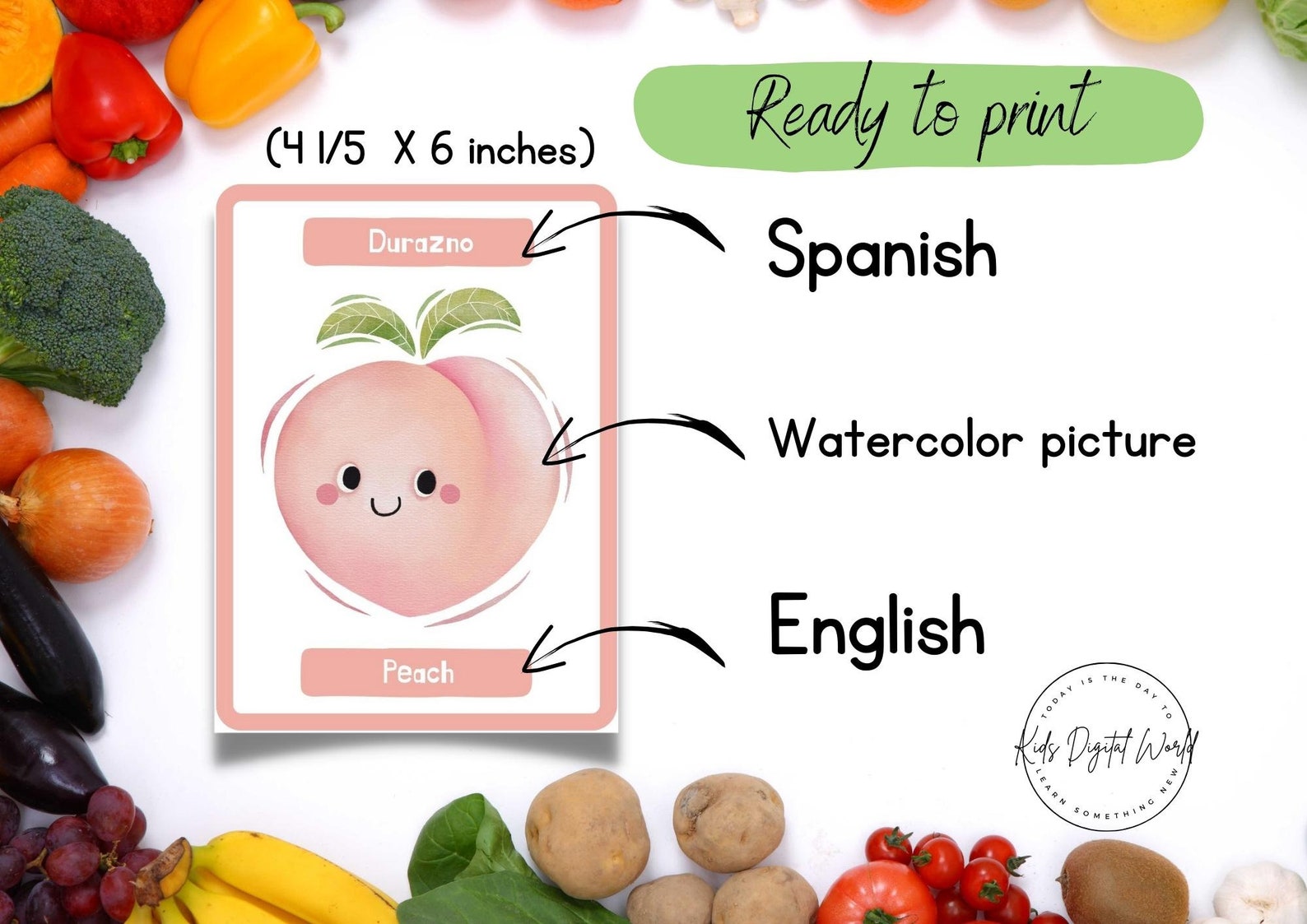 50 Colorful Bilingual Fruits and Vegetables Card . Montessori ...