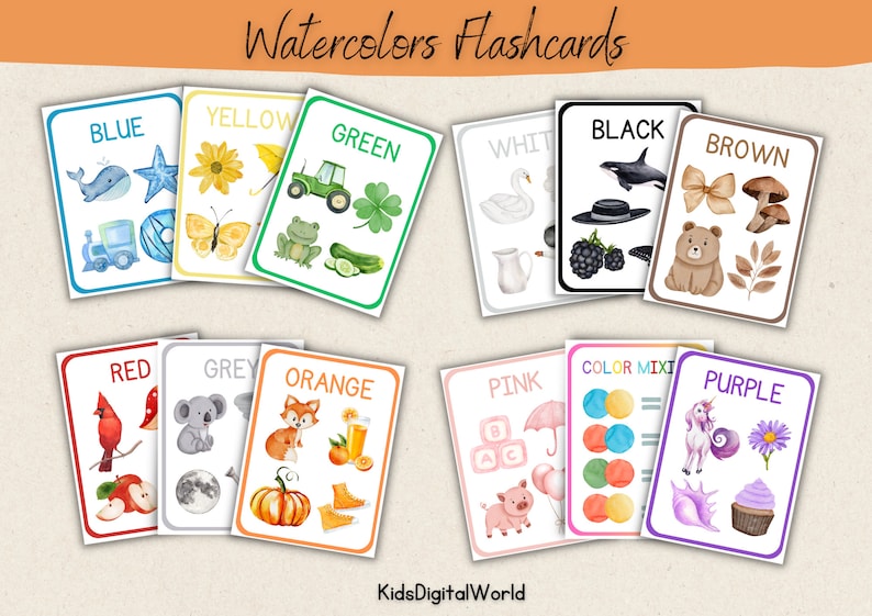 Watercolor Colors Flash Cards Colorful Flashcards - Etsy