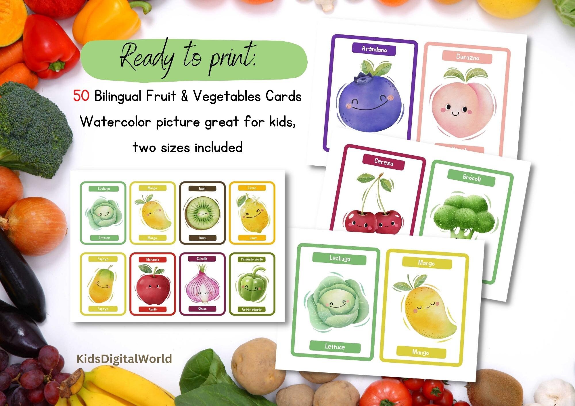 50 Colorful Bilingual Fruits and Vegetables Card . Montessori ...