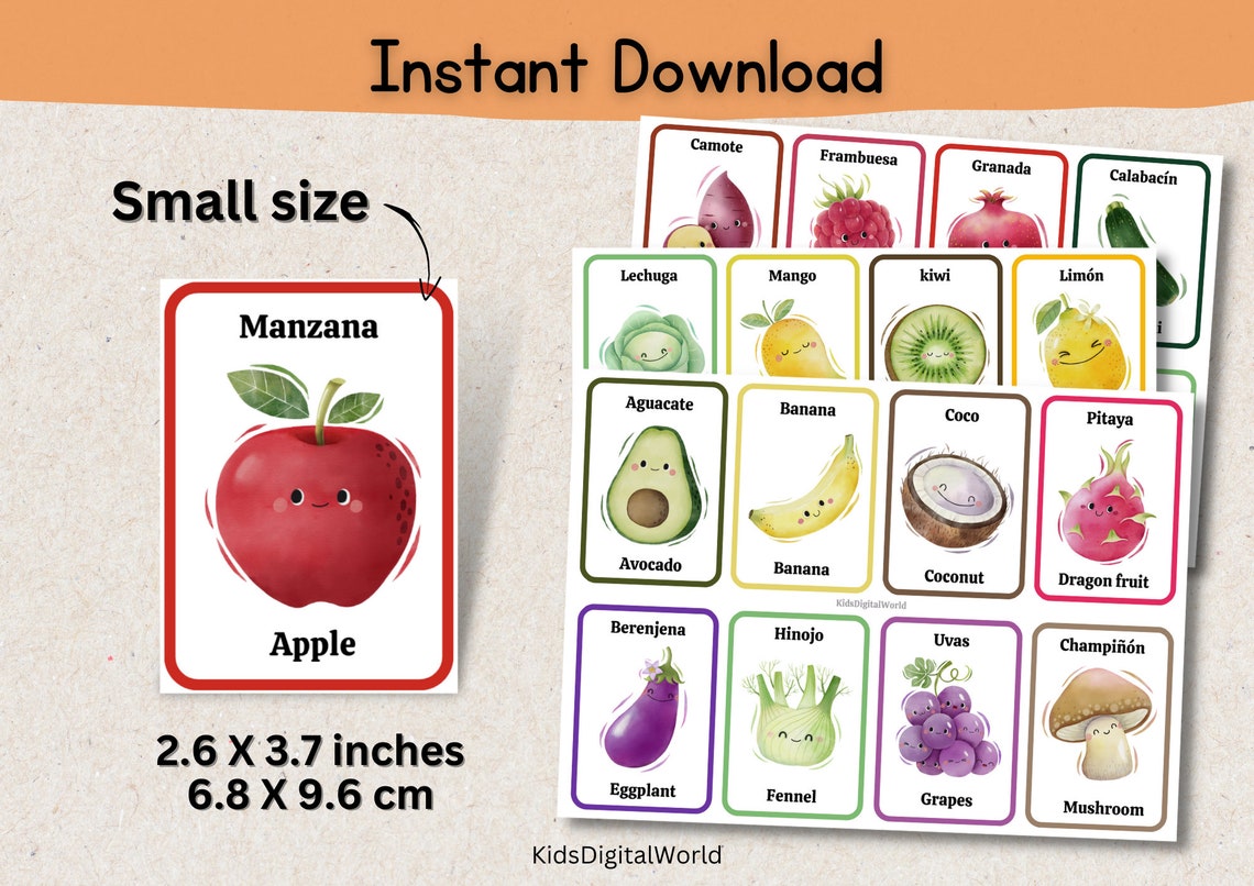 50 Colorful Bilingual Fruits and Vegetables Card Montessori - Etsy
