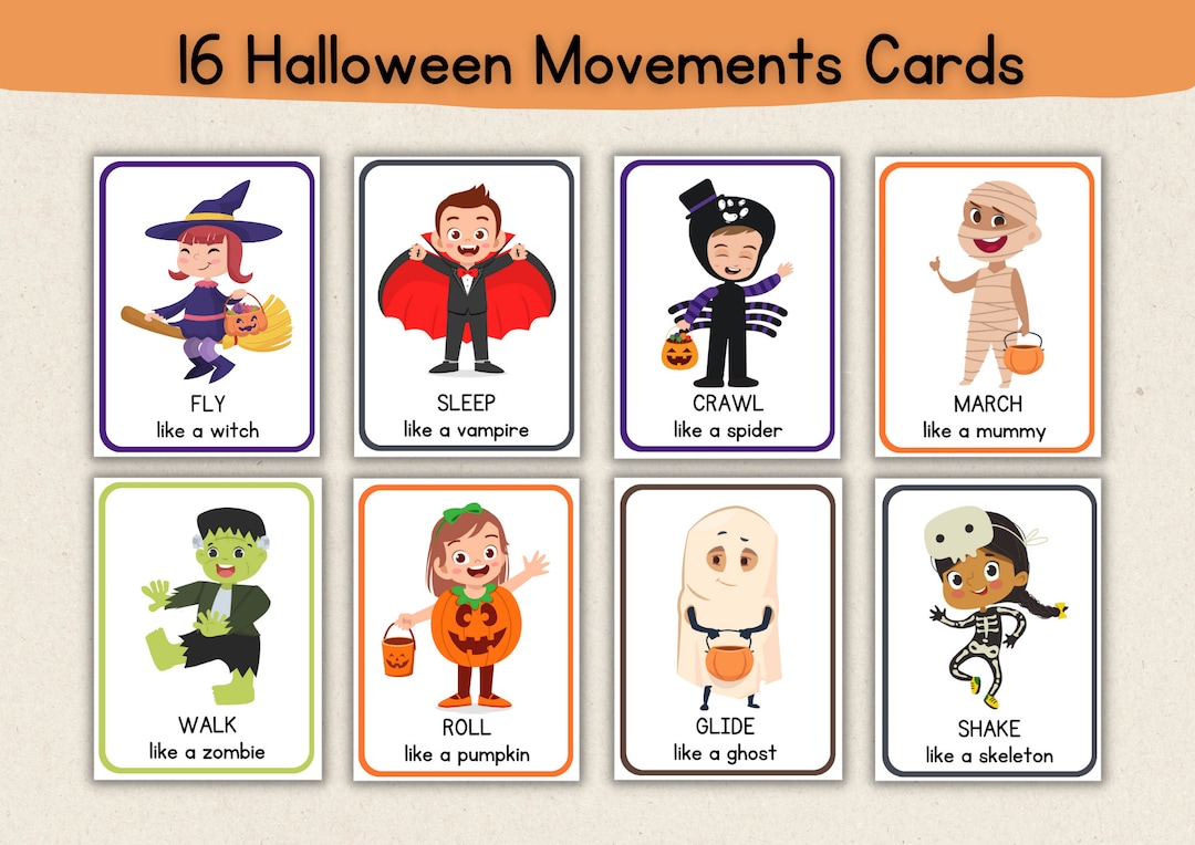 Halloween Movement Flashcards, Halloween Flash Cards, Kids Printable ...