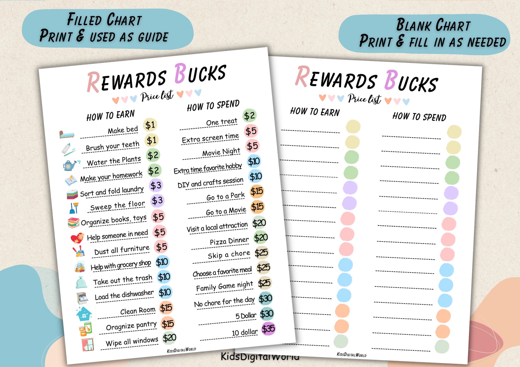 Colorful Kids Reward Bucks, Mom Bucks, PDF Reward System for Kids ...