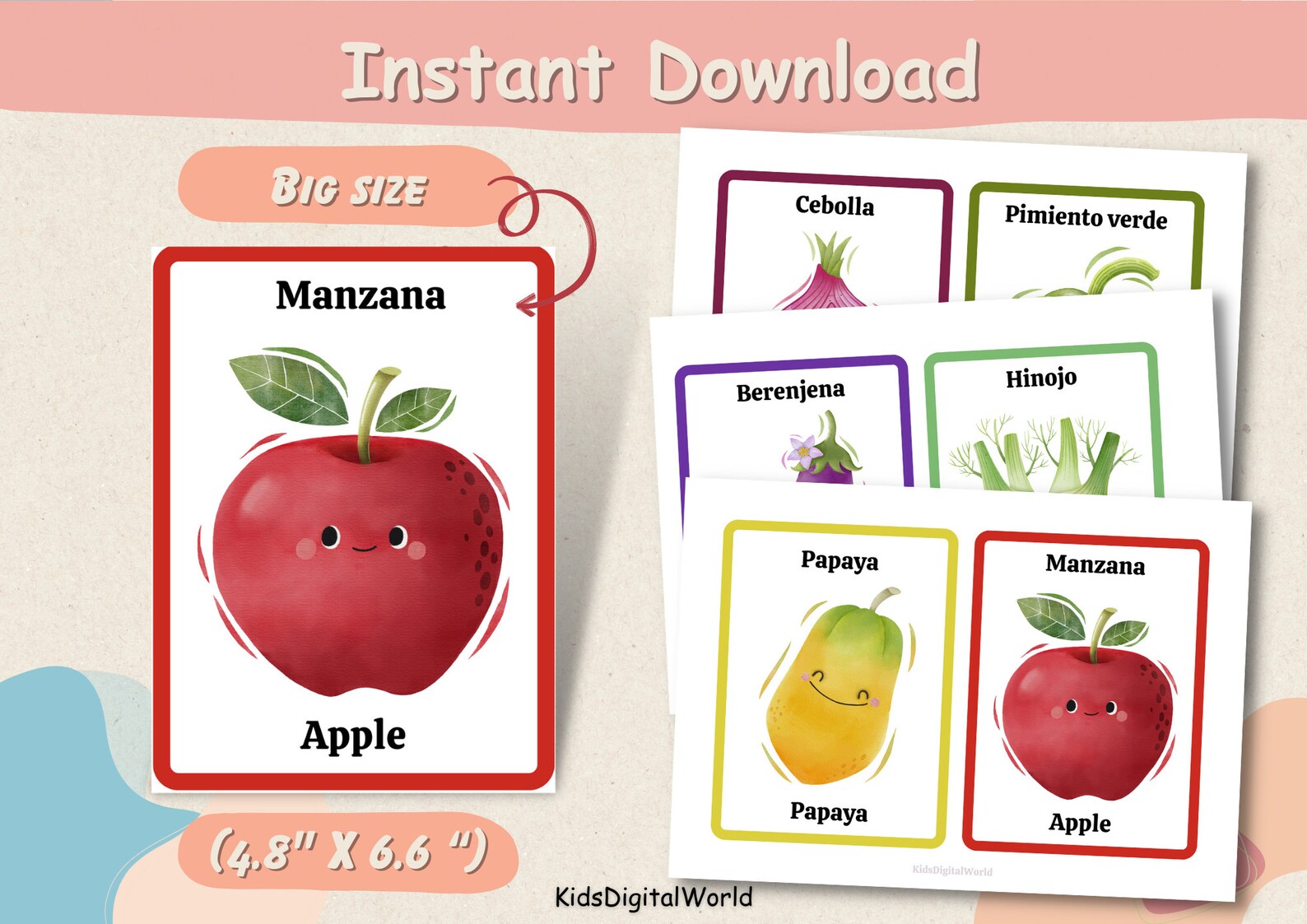 50 Colorful Bilingual Fruits and Vegetables Card | Montessori ...
