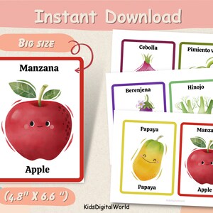 50 Colorful Bilingual Fruits and Vegetables Card Montessori Flashcards ...