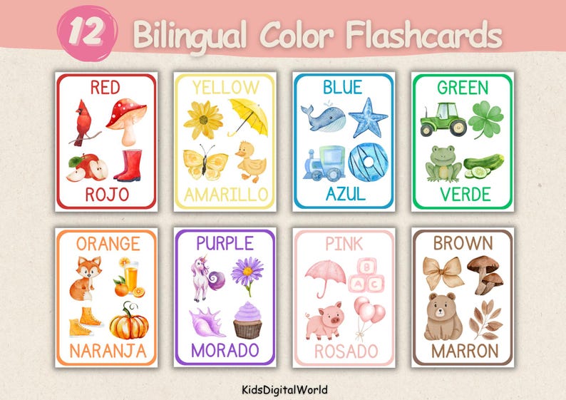 Watercolor Color Flashcards | Bilingual Colorful Flashcards | Preschool ...