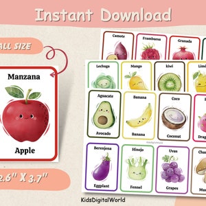 50 Colorful Bilingual Fruits and Vegetables Card Montessori Flashcards ...