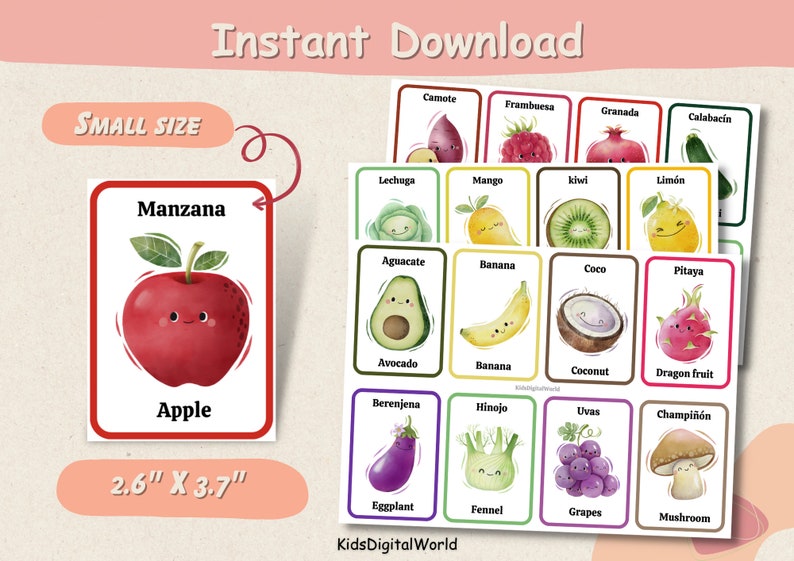 50 Colorful Bilingual Fruits and Vegetables Card | Montessori ...