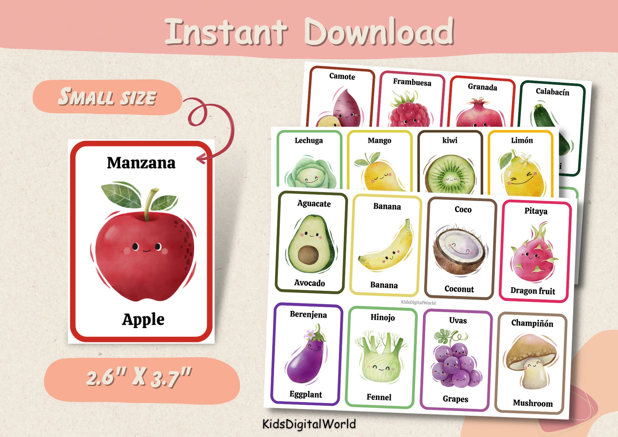 50 Colorful Bilingual Fruits and Vegetables Card | Montessori ...