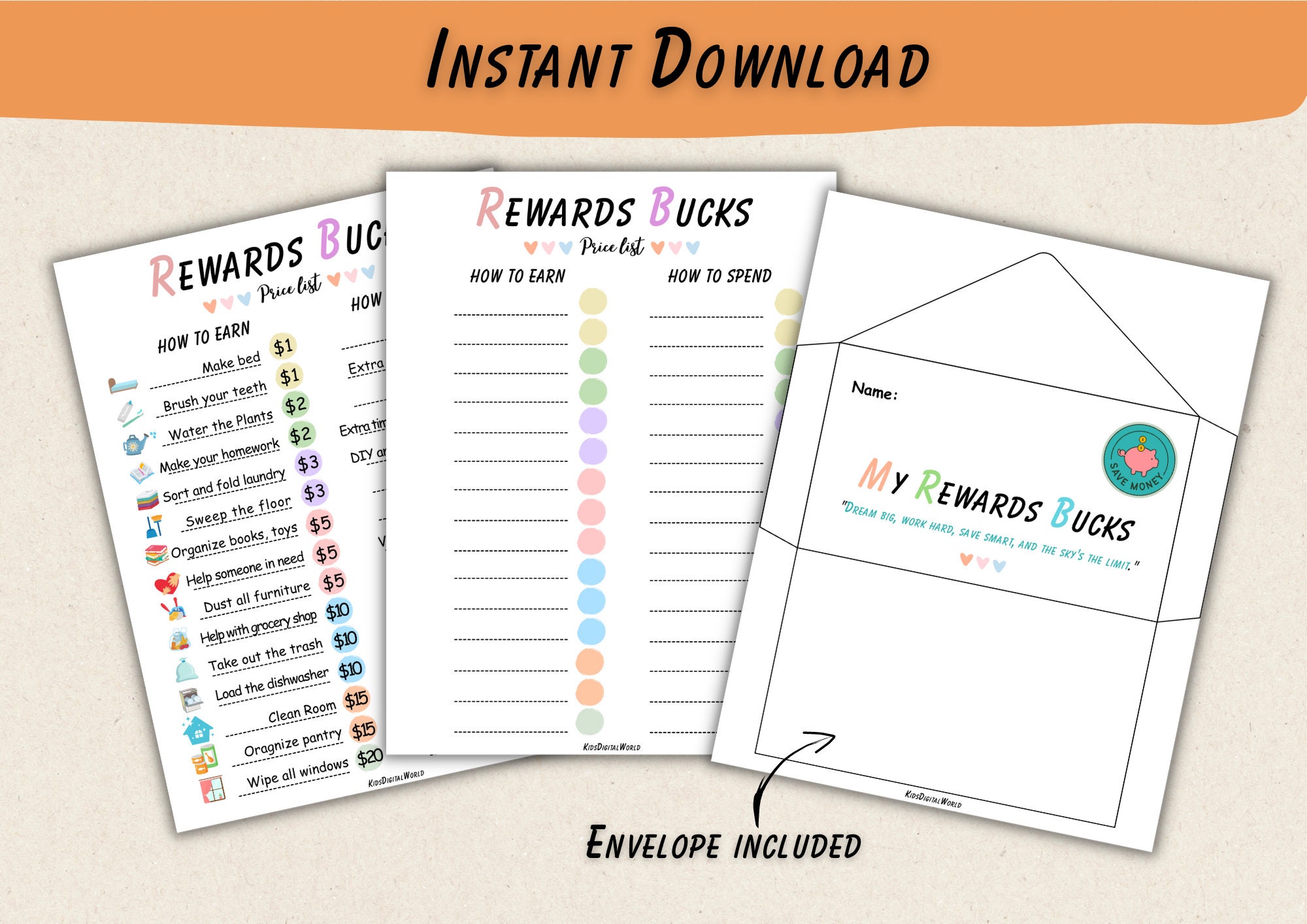 Colorful Kids Reward Bucks, Mom Bucks, PDF Reward System for Kids ...