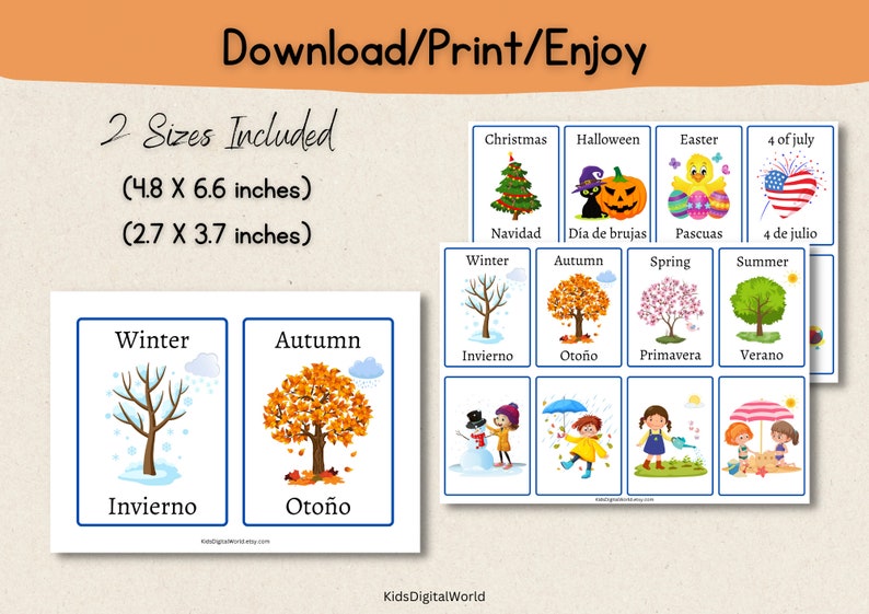 Colorful Season Flash Cards | Bilingual Seasons Flashcards | Matching ...