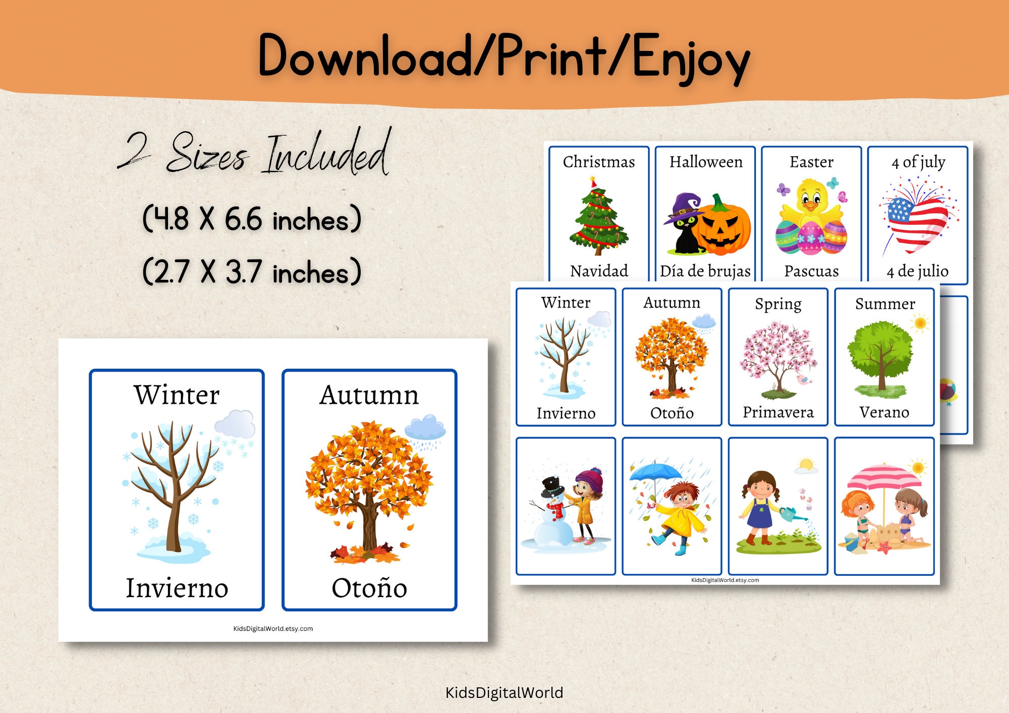 Colorful Season Flash Cards | Bilingual Seasons Flashcards | Matching ...