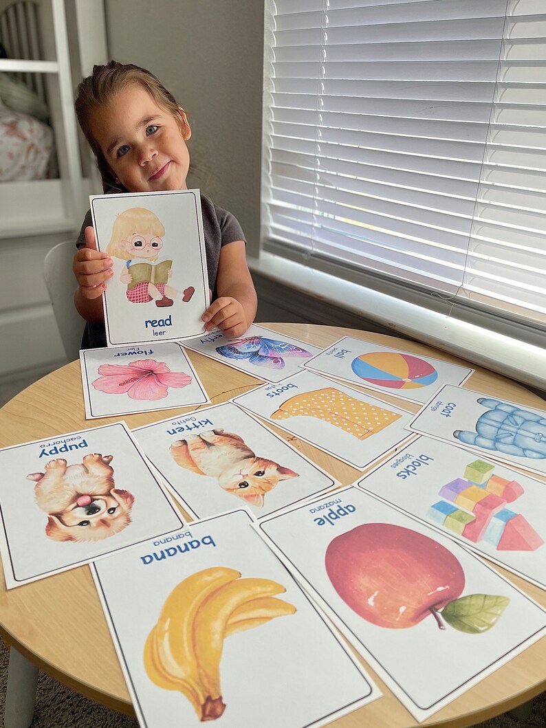 100 First Words Bilingual, Flash Cards, English and Spanish, Montessori ...