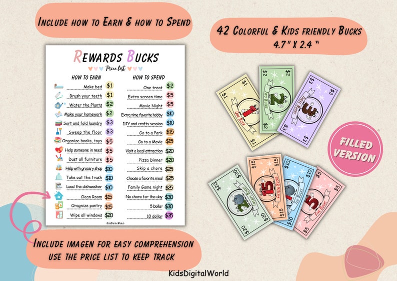Colorful Kids Reward Bucks, Mom Bucks, PDF Reward System for Kids ...
