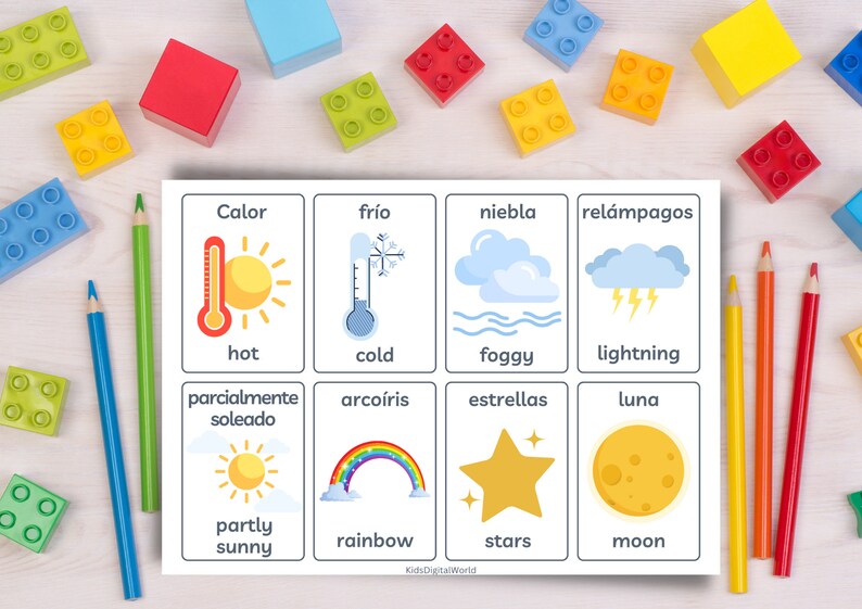 Bilingual Weather Flashcards 16 Colorful Weather Cards - Etsy