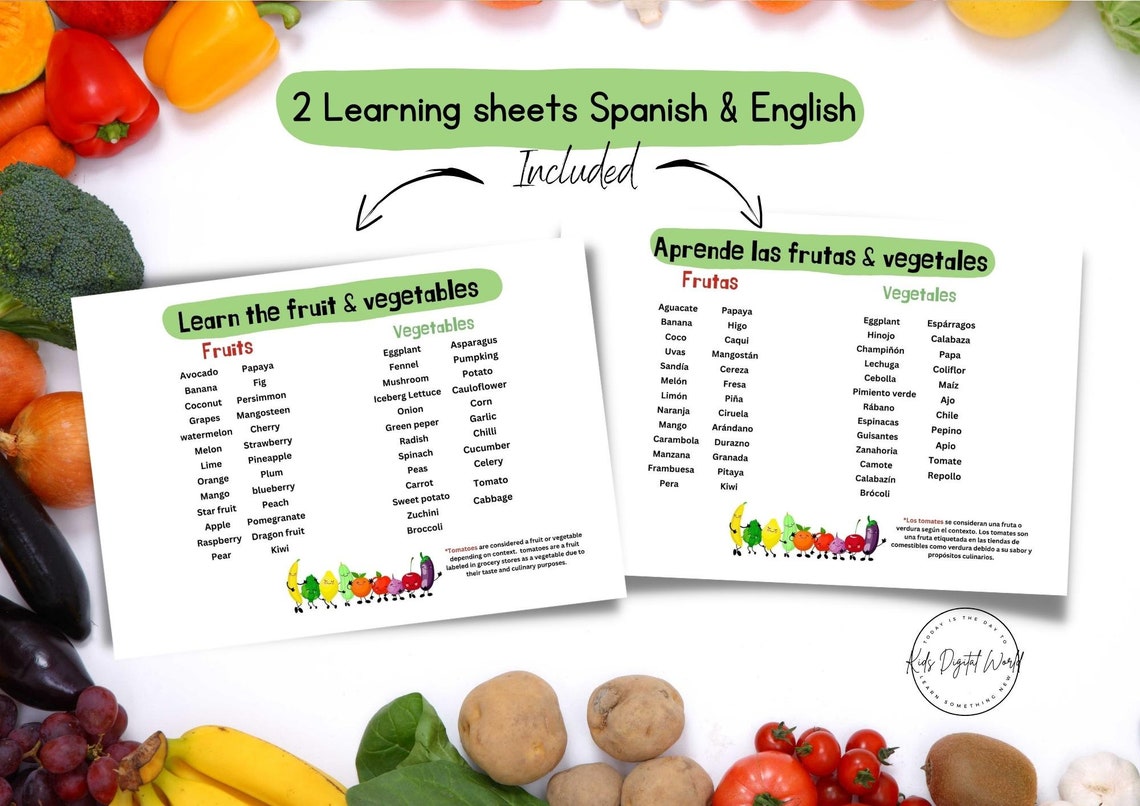 50 Colorful Bilingual Fruits and Vegetables Card . Montessori ...
