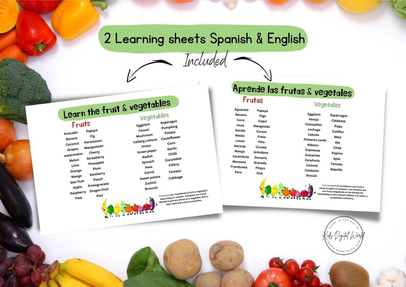 50 Colorful Bilingual Fruits and Vegetables Card . Montessori ...