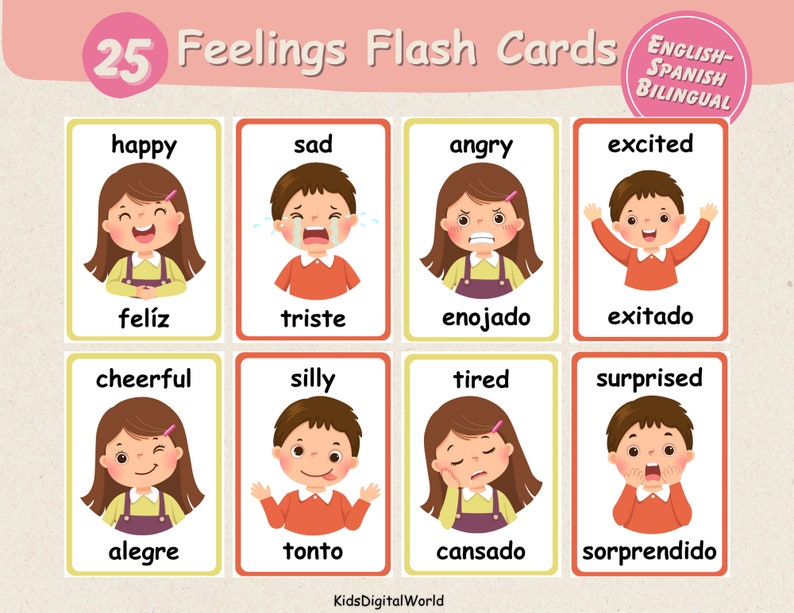 Bilingual Emotion Flashcards: English-spanish Learning (PDF) - Etsy