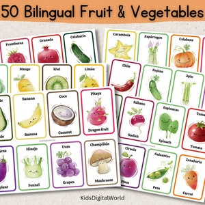 50 Colorful Bilingual Fruits and Vegetables Card Montessori - Etsy