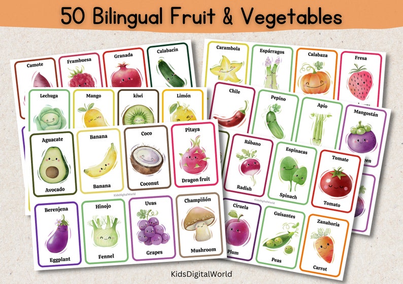50 Colorful Bilingual Fruits and Vegetables Card Montessori - Etsy