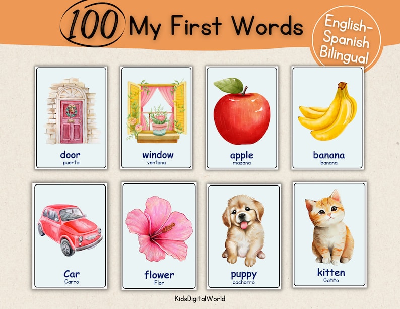 100 First Words Bilingual Flash Cards English and Spanish - Etsy