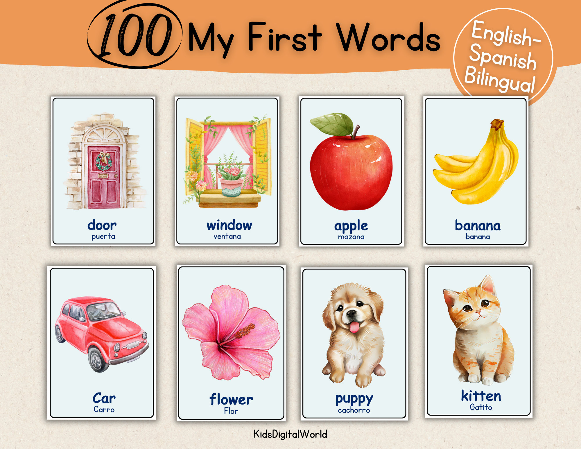 100 First Words Bilingual Flash Cards English and Spanish - Etsy