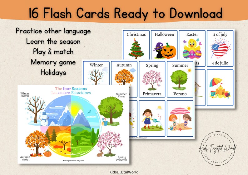 Colorful Season Flash Cards | Bilingual Seasons Flashcards | Matching ...