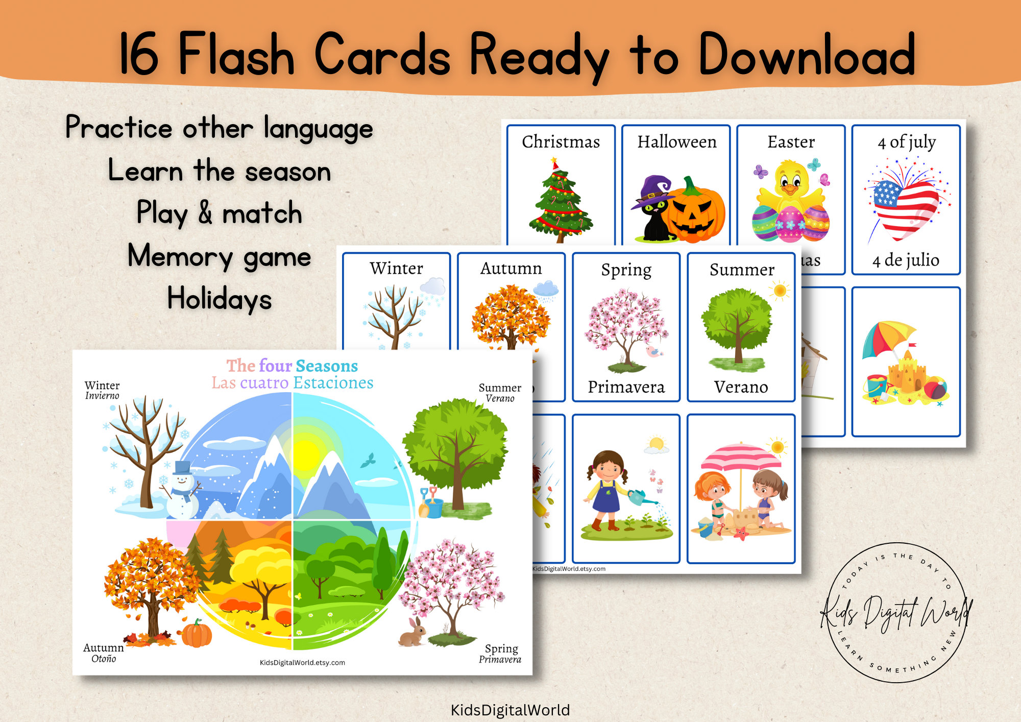 Colorful Season Flash Cards | Bilingual Seasons Flashcards | Matching ...