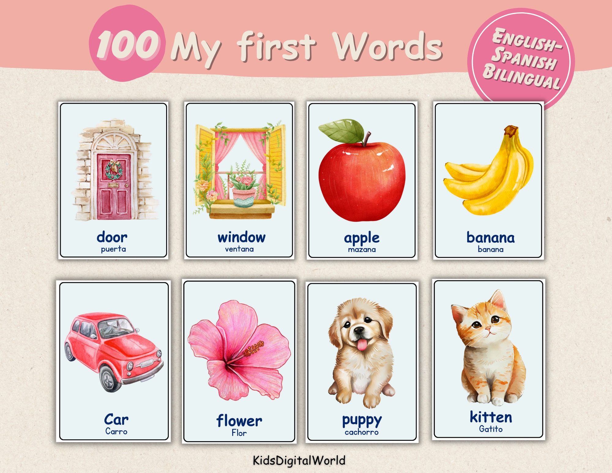 100 First Words Bilingual, Flash Cards, English and Spanish, Montessori ...