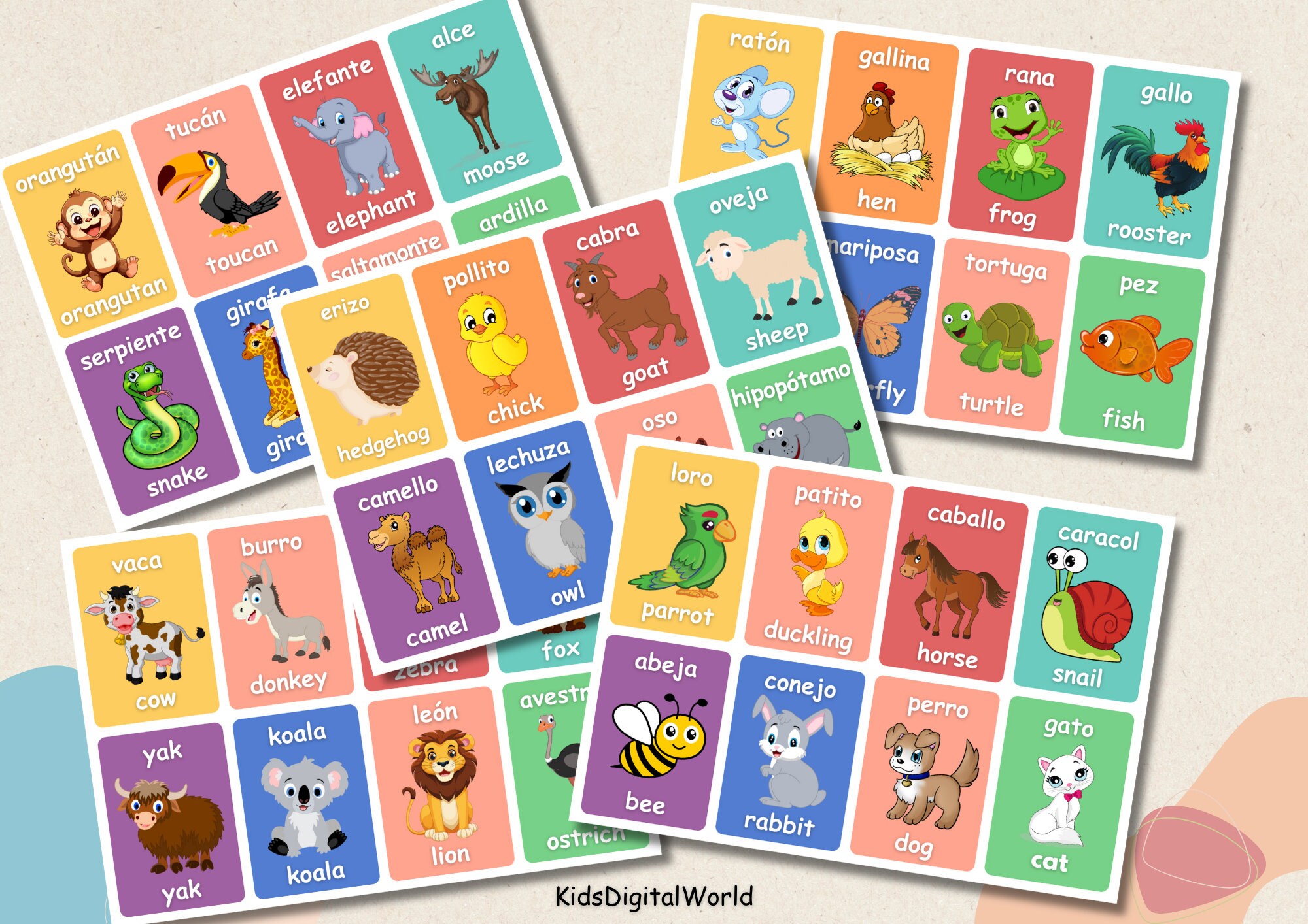 40 Spanish & English Animals, Bilingual Cards, Homeschooling ...