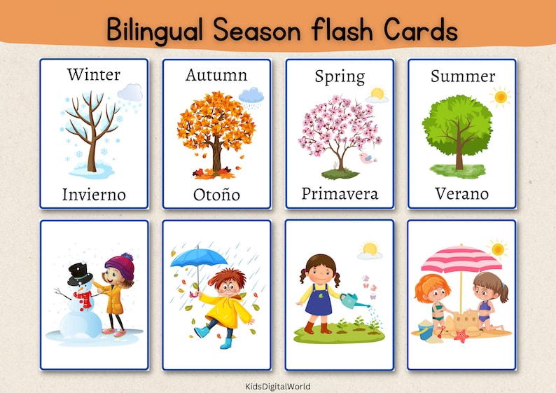Colorful Season Flash Cards | Bilingual Seasons Flashcards | Matching ...