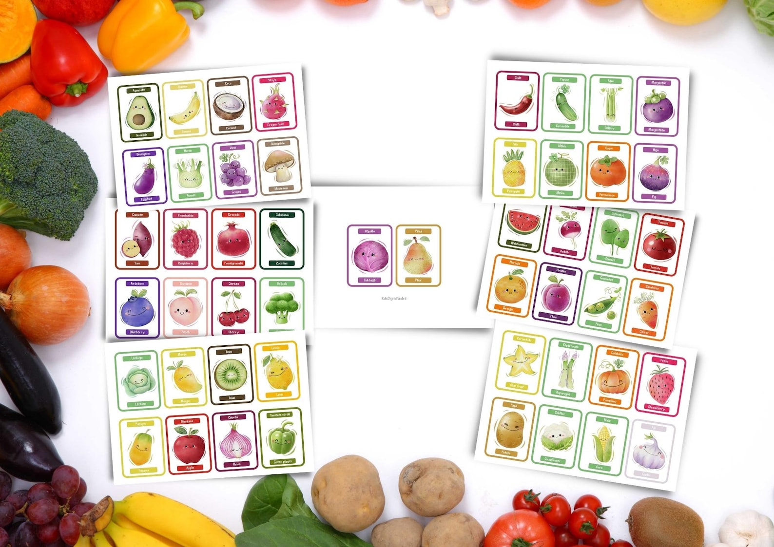 50 Colorful Bilingual Fruits and Vegetables Card . Montessori ...