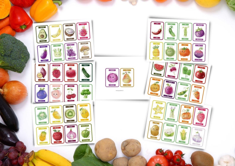 50 Colorful Bilingual Fruits and Vegetables Card . Montessori ...