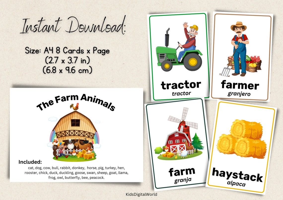 Bilingual Farm Animals Educational Cards | Montessori Flash Cards ...