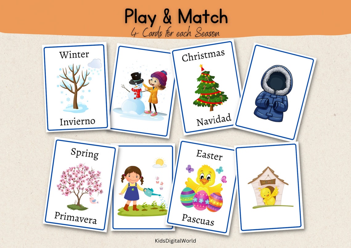 Colorful Season Flash Cards Bilingual Seasons Flashcards Matching Cards ...