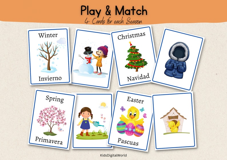 Colorful Season Flash Cards | Bilingual Seasons Flashcards | Matching ...